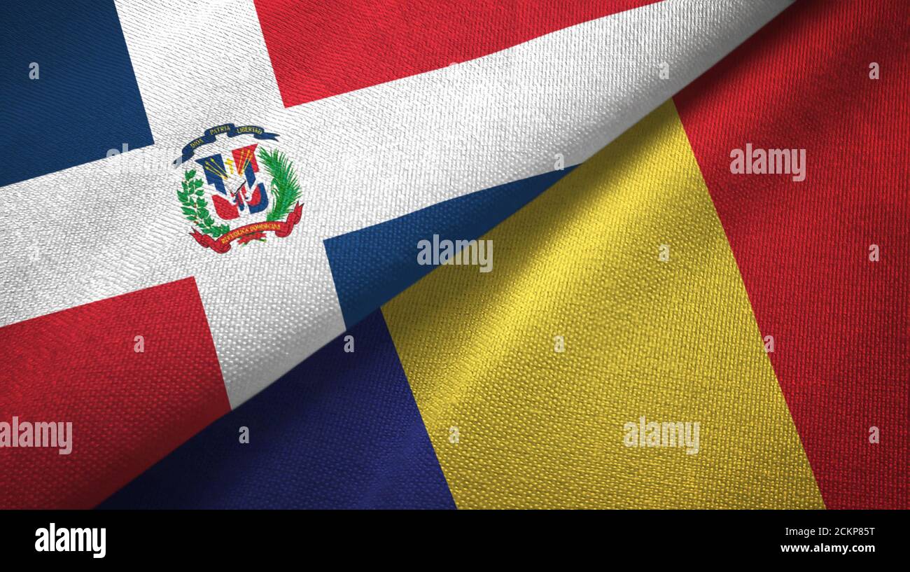 Dominican Republic and Romania two flags textile cloth, fabric texture ...