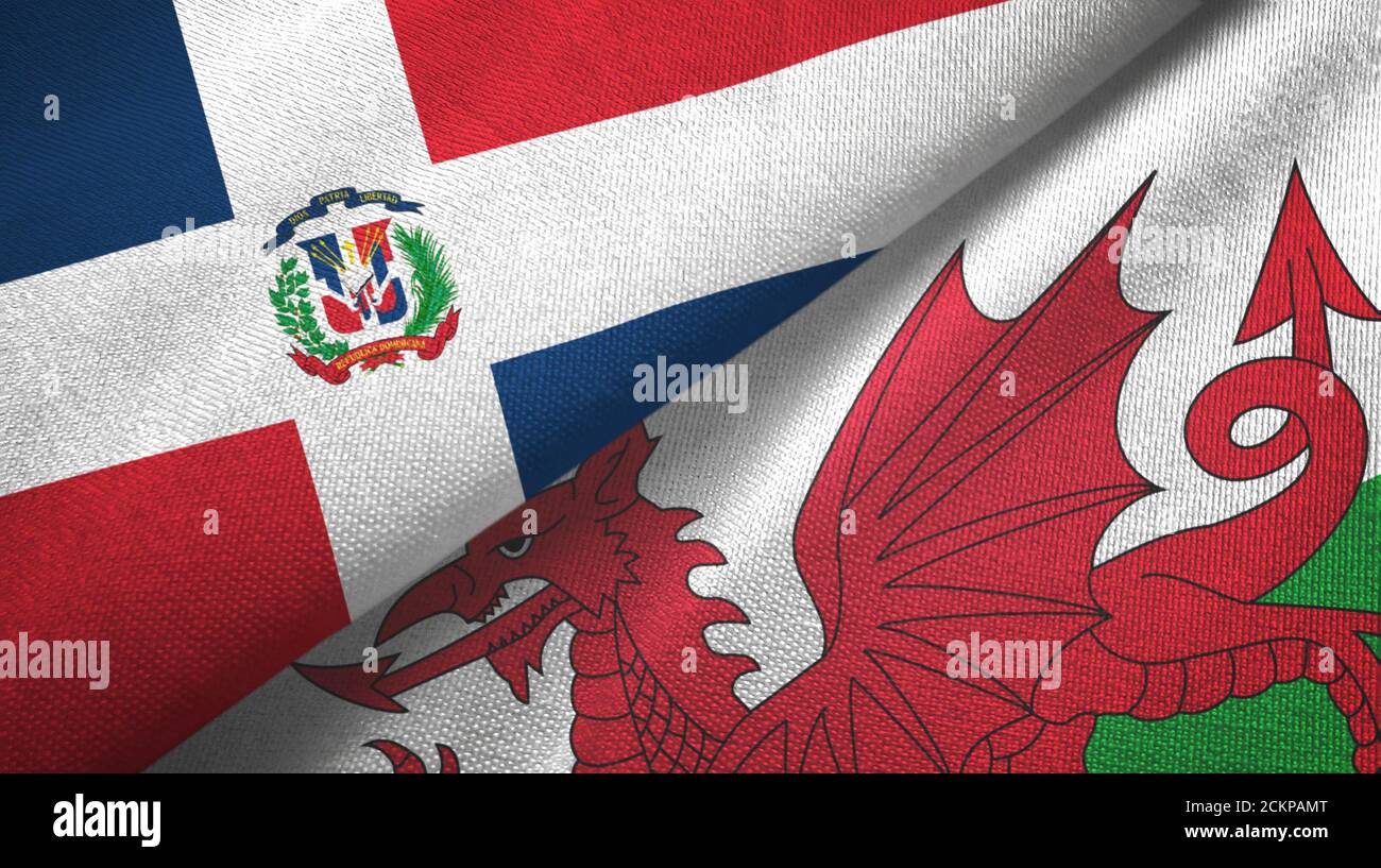 Dominican Republic and Wales two flags textile cloth, fabric texture ...