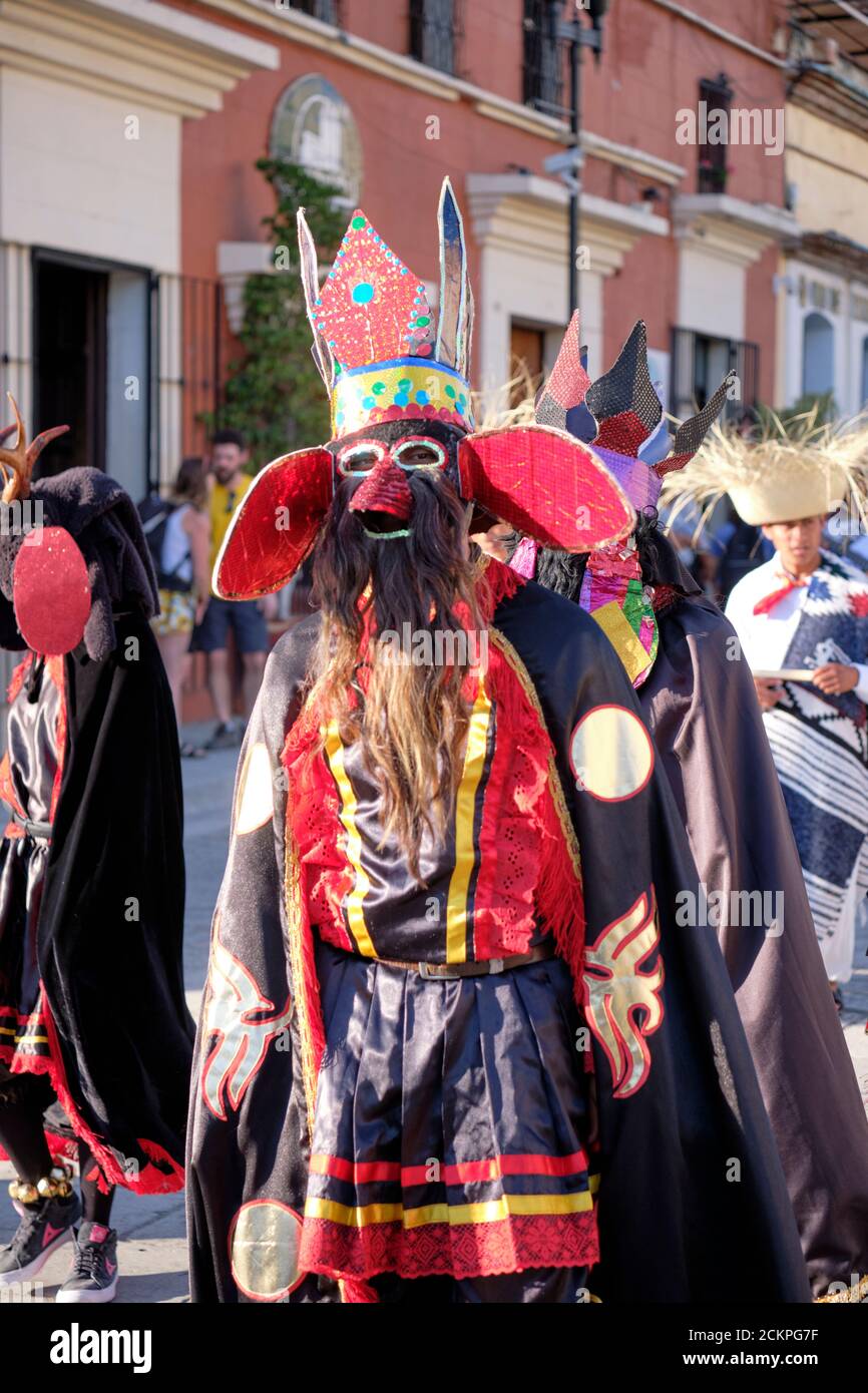 Mexican creature with crown and beard walking and dancing in a parade ...