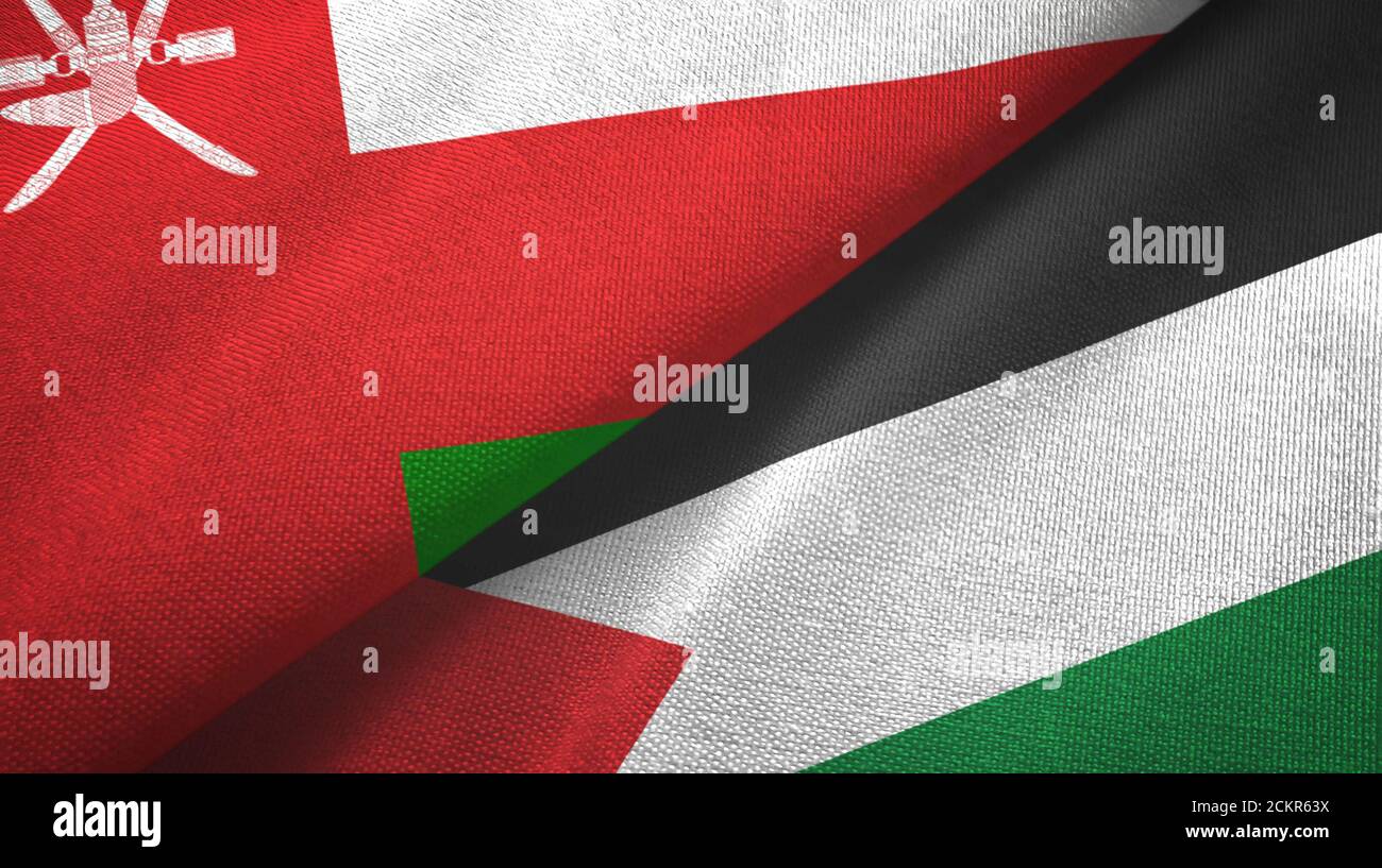 Oman and Palestine two flags textile cloth, fabric texture Stock Photo ...
