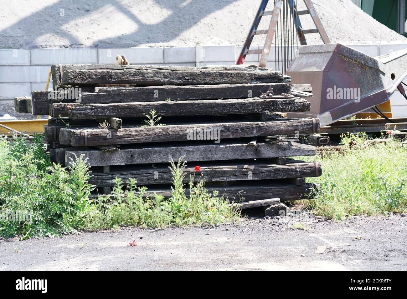 Pile of tree logs in front of a building in the process of construction ...
