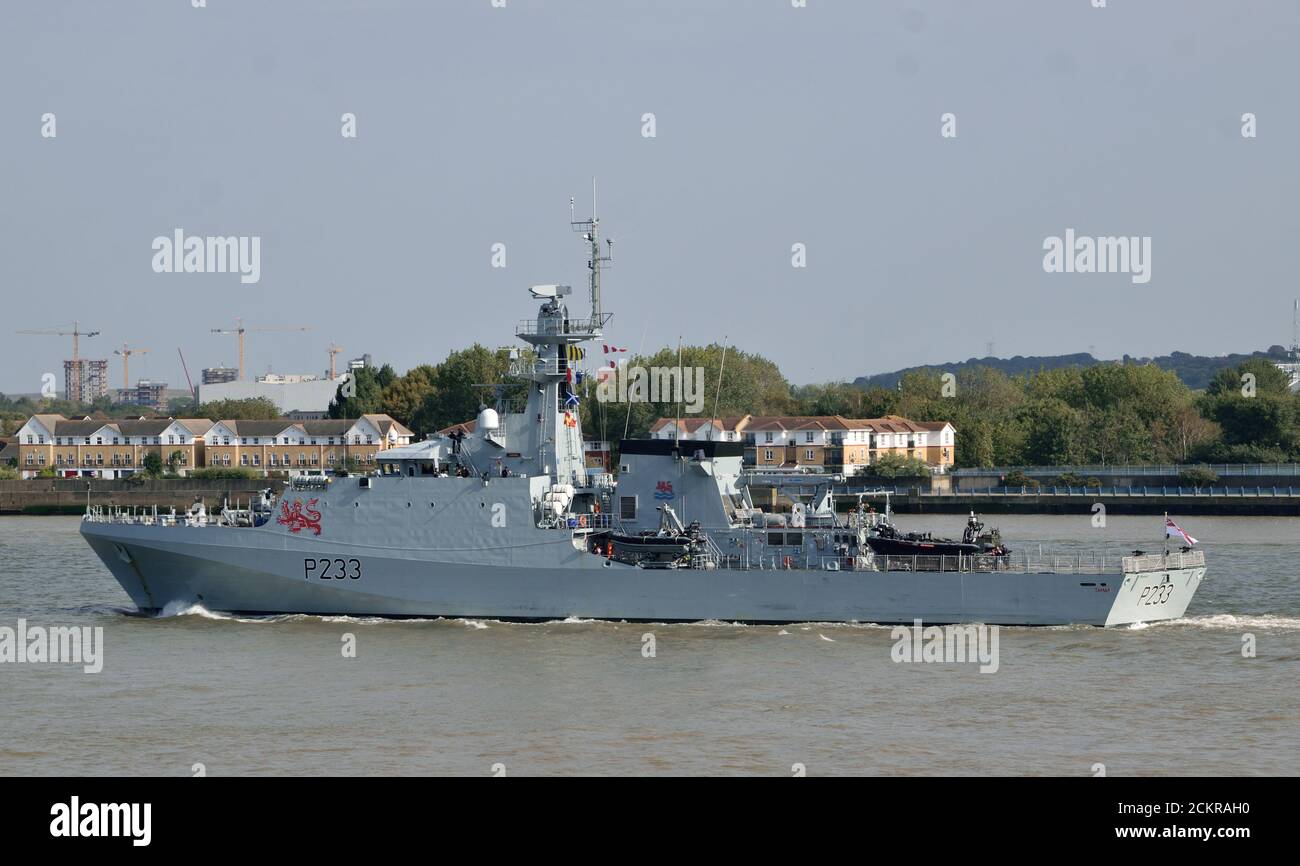 HMS Tamar, a Batch 2 River-class offshore patrol vessel of the Royal ...