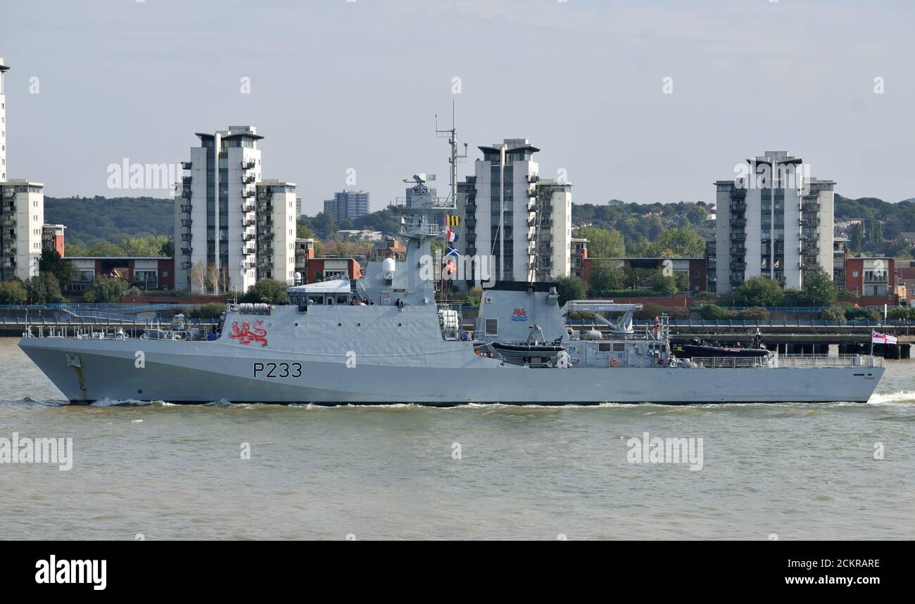 HMS Tamar, a Batch 2 River-class offshore patrol vessel of the Royal ...