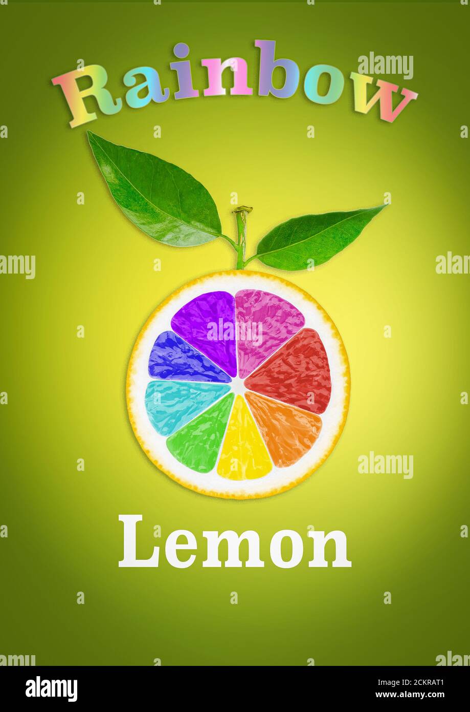 Illustration of a lemon slice with a "Rainbow Lemon" text on it Stock ...