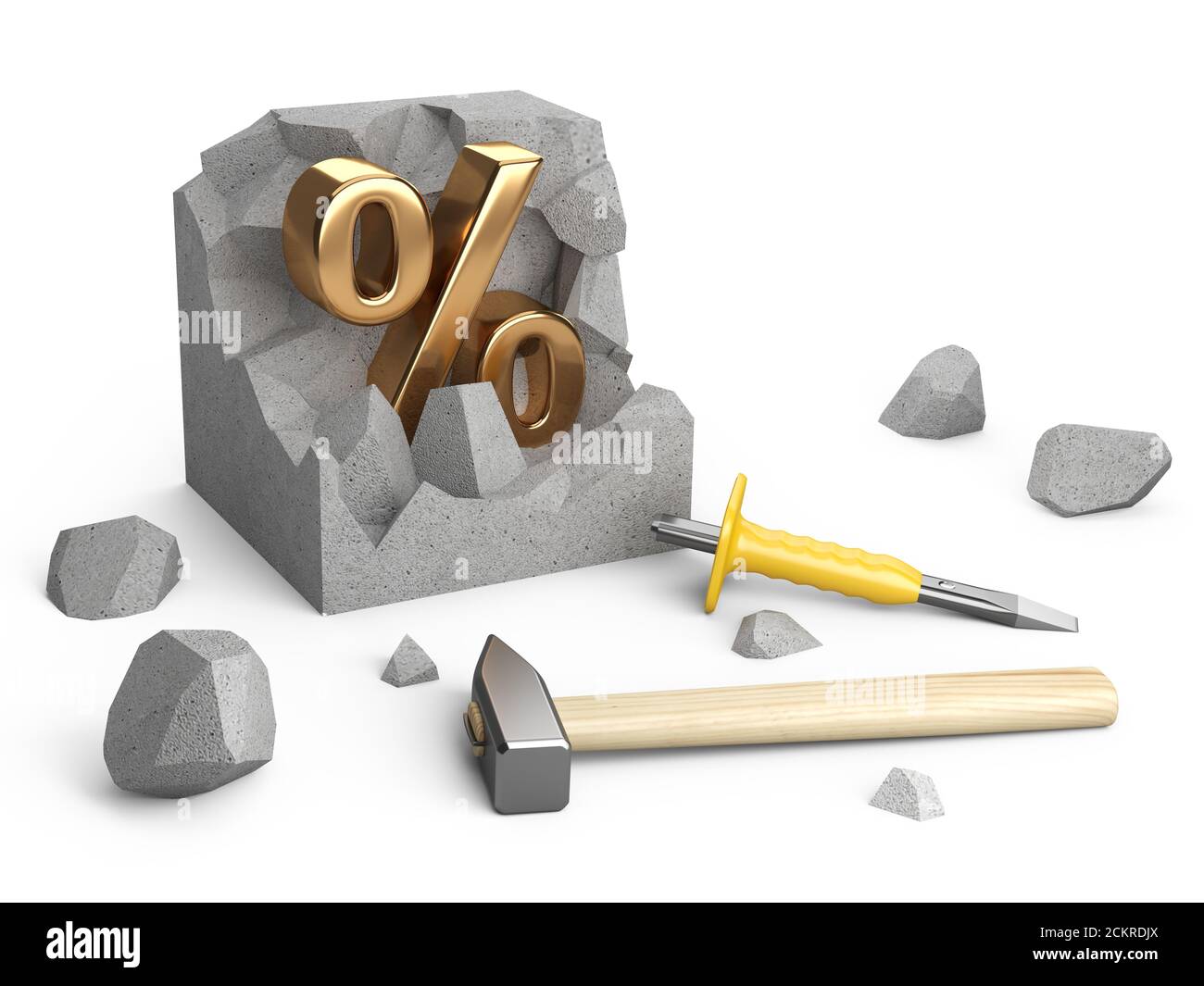 A gold percentage sign inside a concrete block with a hammer and a ...