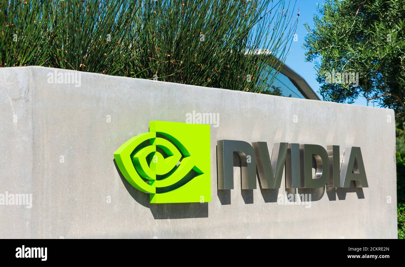 Nvidia logo and sign at company headquarters in Silicon Valley, high ...