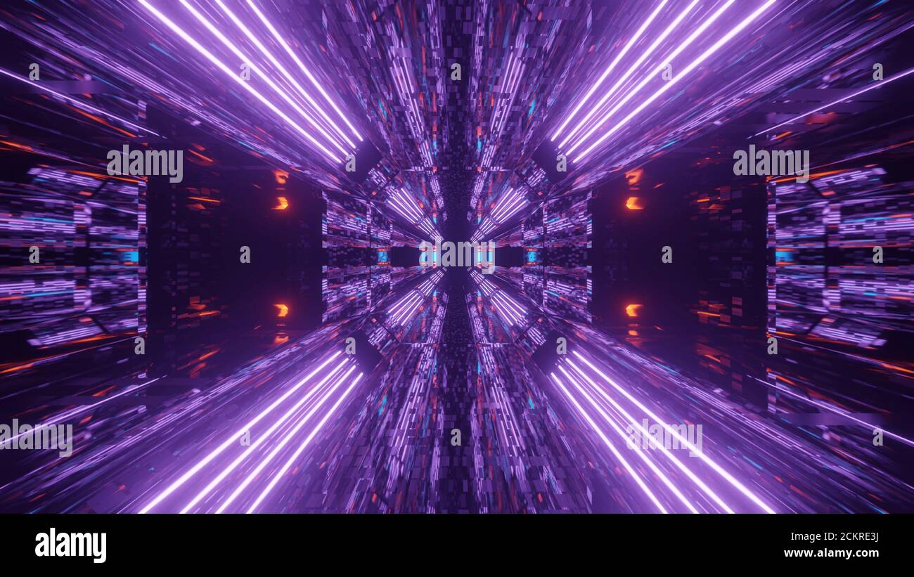 3D rendering of a cosmic environment with laser lights in purple colors ...