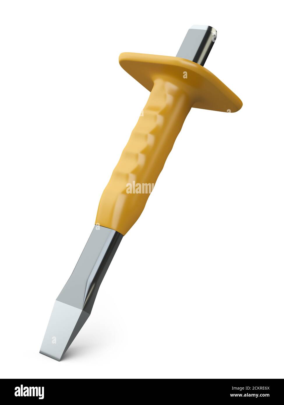 Black steel chisel for cutting metal with orange rubber protective ...