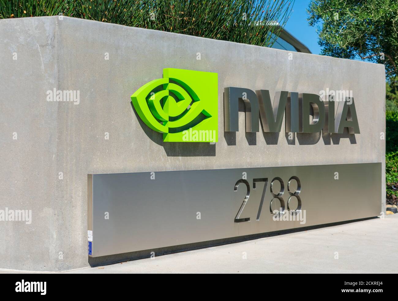 Nvidia logo and sign at company headquarters in Silicon Valley, high ...