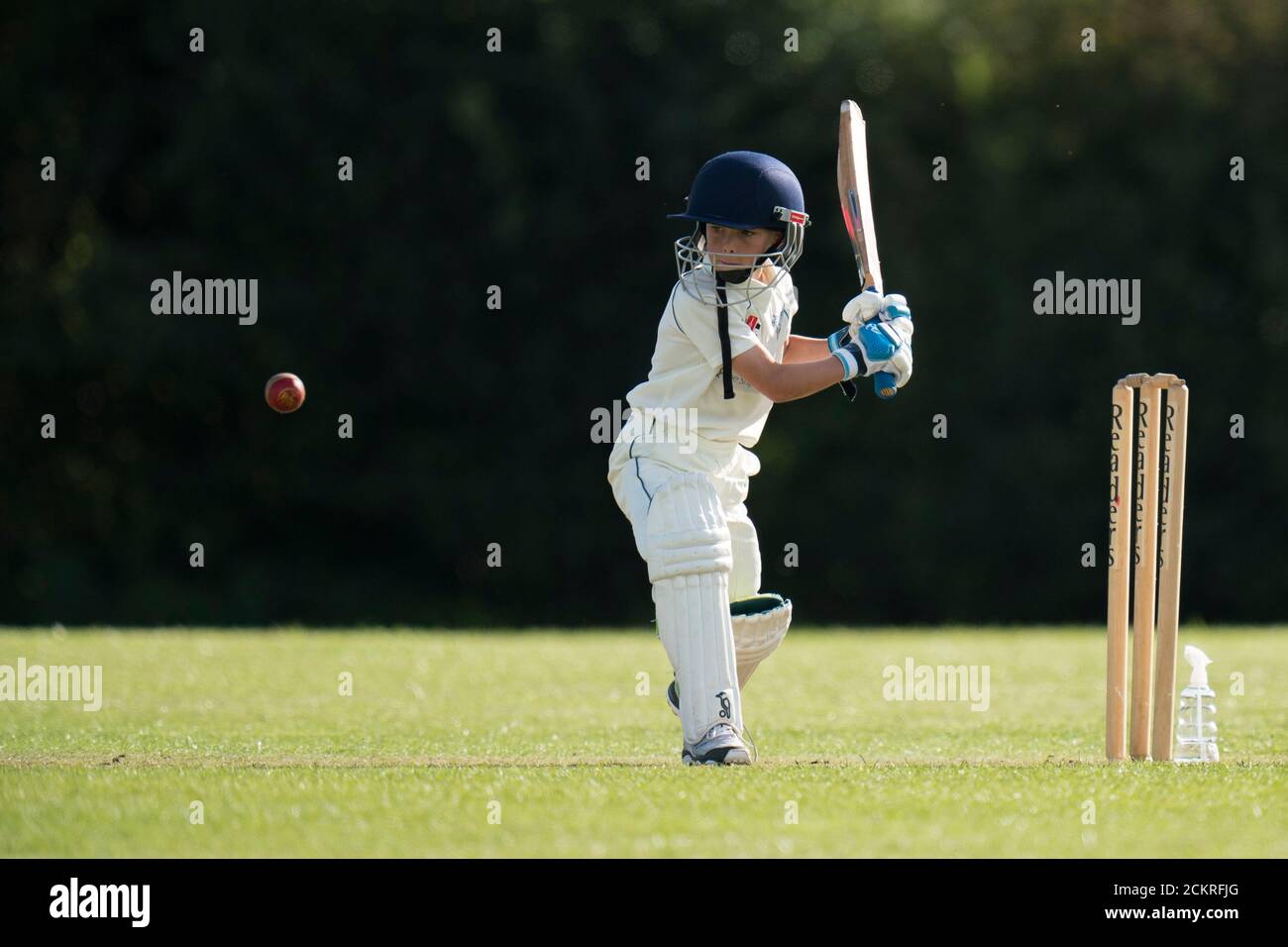 Young boy playing cricket shot during village cricket match for all ...