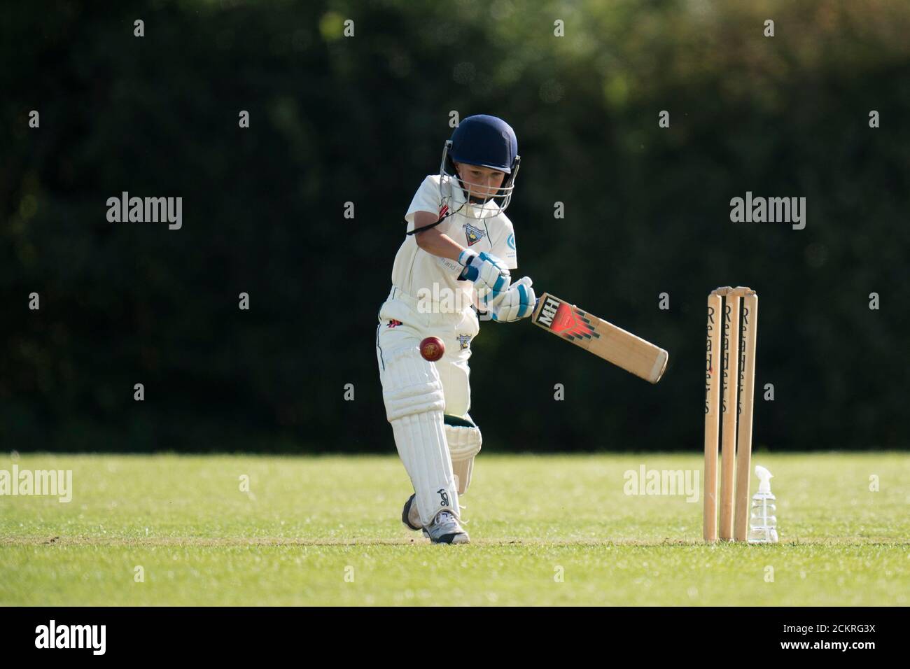 Young boy playing cricket shot during village cricket match for all ...