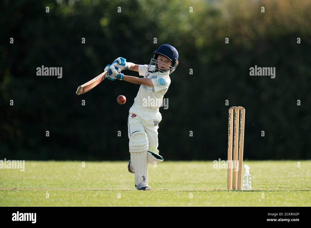 Young boy playing cricket shot during village cricket match for all ...