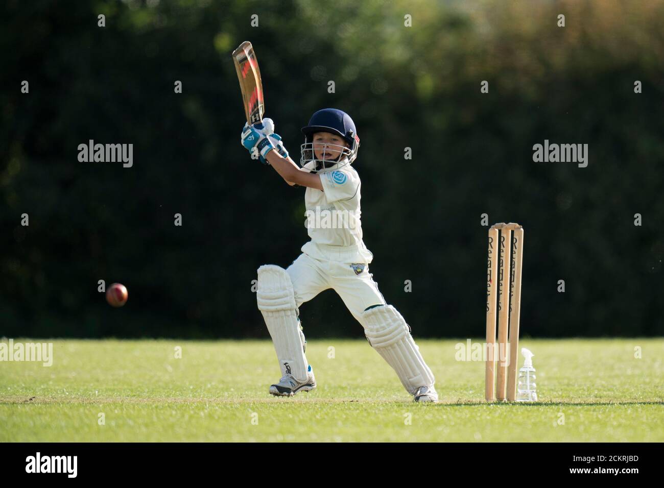 Young boy playing cricket shot during village cricket match for all ...