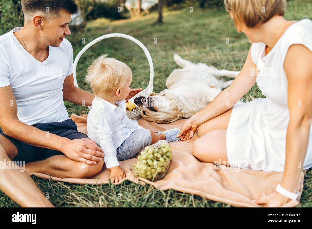 Young pretty family on picnic with dog Stock Photo - Alamy