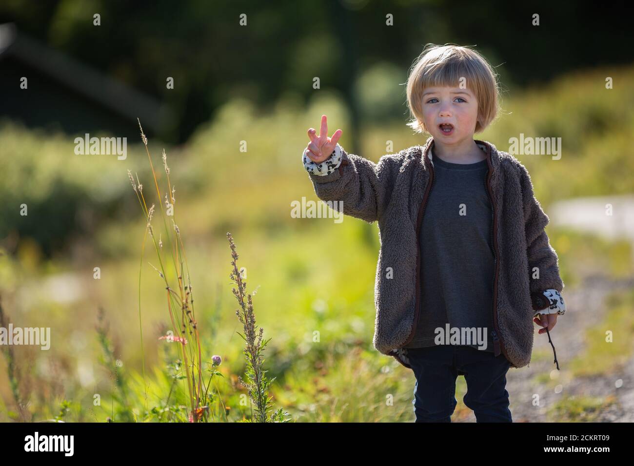Young boy making a hand gesture while singing outside Stock Photo - Alamy