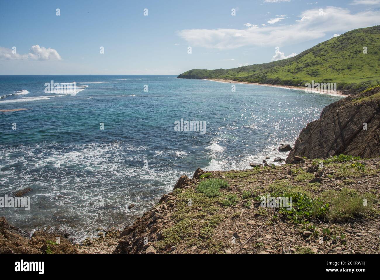 Elevated view over the stunning Caribbean Sea at Isaac and Jack Bay on ...