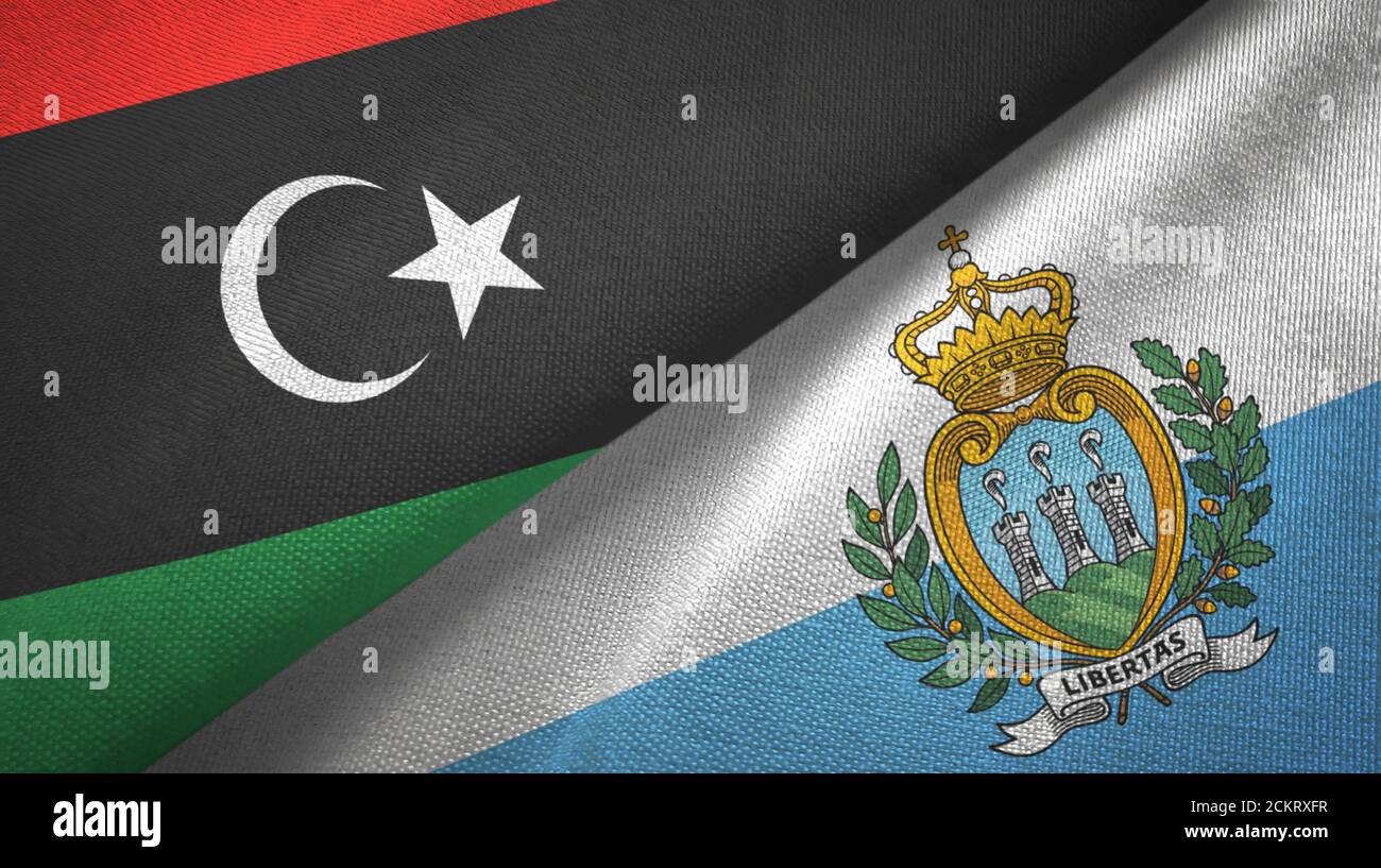 Libya and San Marino two flags textile cloth, fabric texture Stock ...