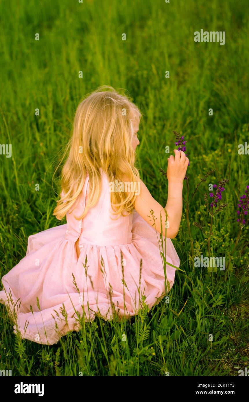 beautiful blond girl in flower meadow back view Stock Photo - Alamy