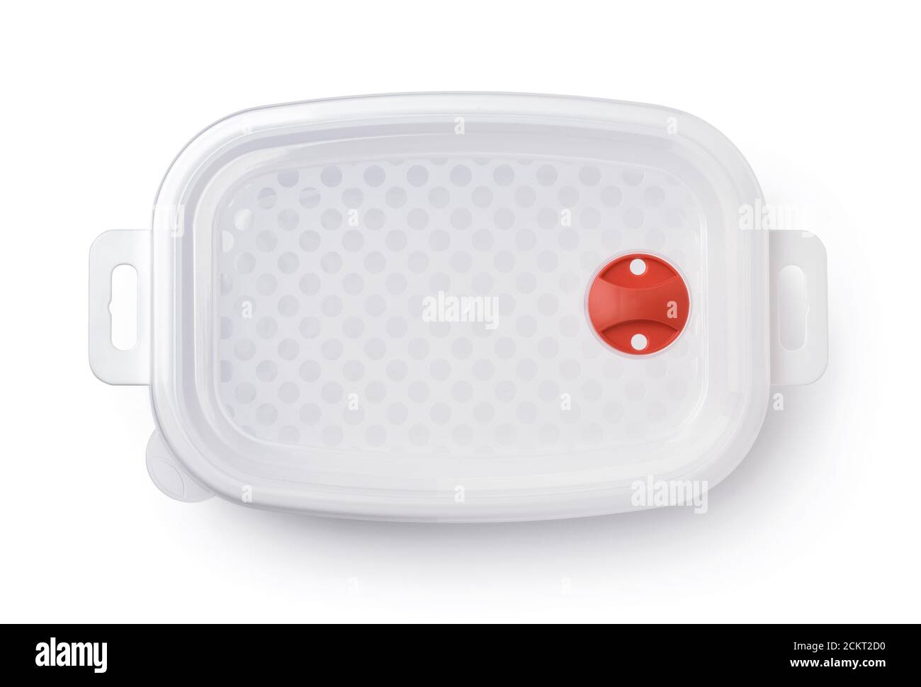 Top view of plastic storage food container with valve isolated on white ...