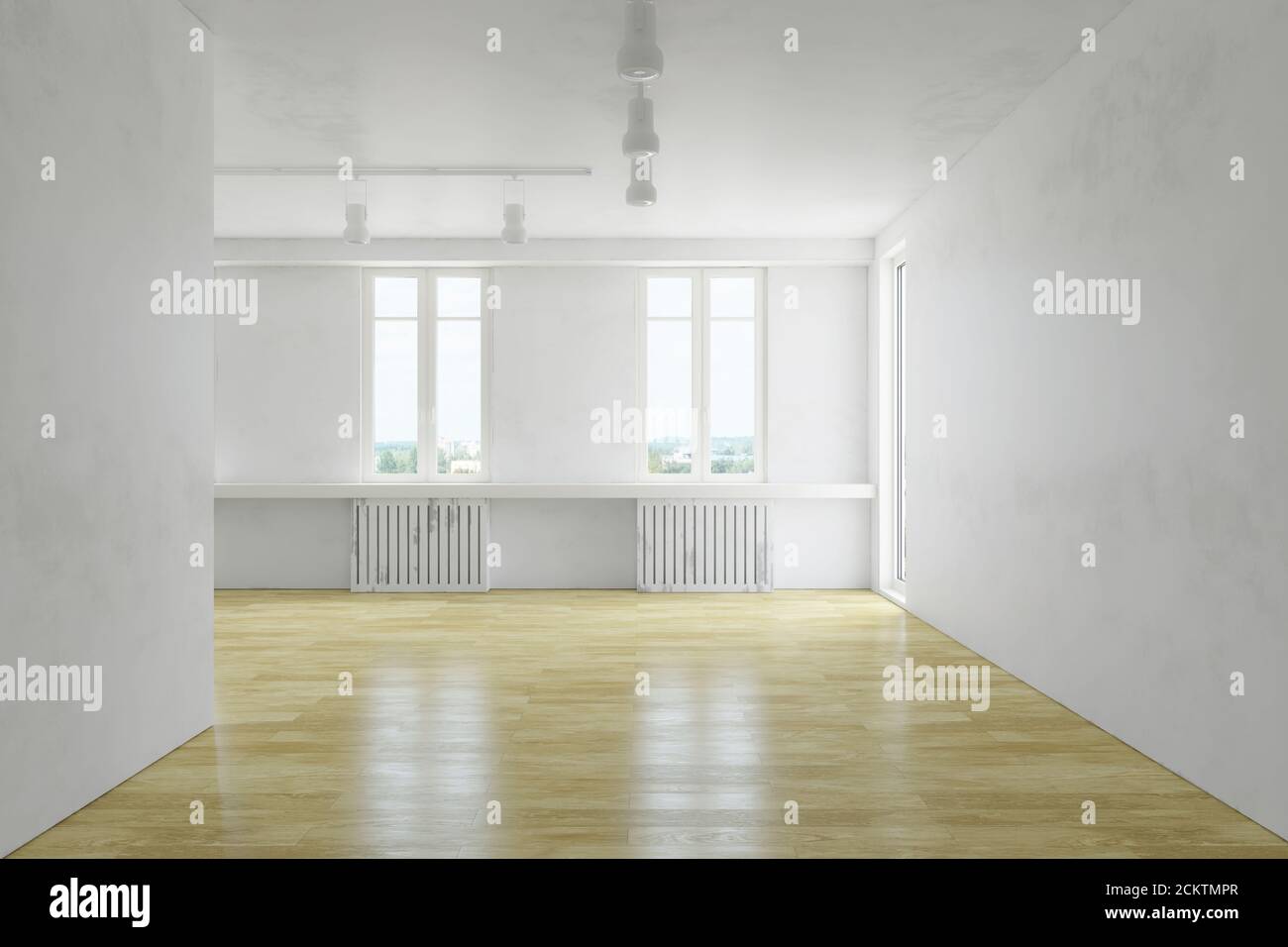 Contemporary blank room interior with old dirty wall and wooden floor ...