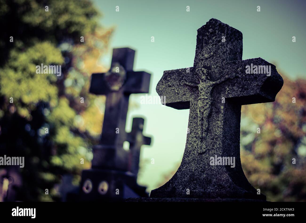religious scary cross, symbol of cristianity in the graveyard Stock ...