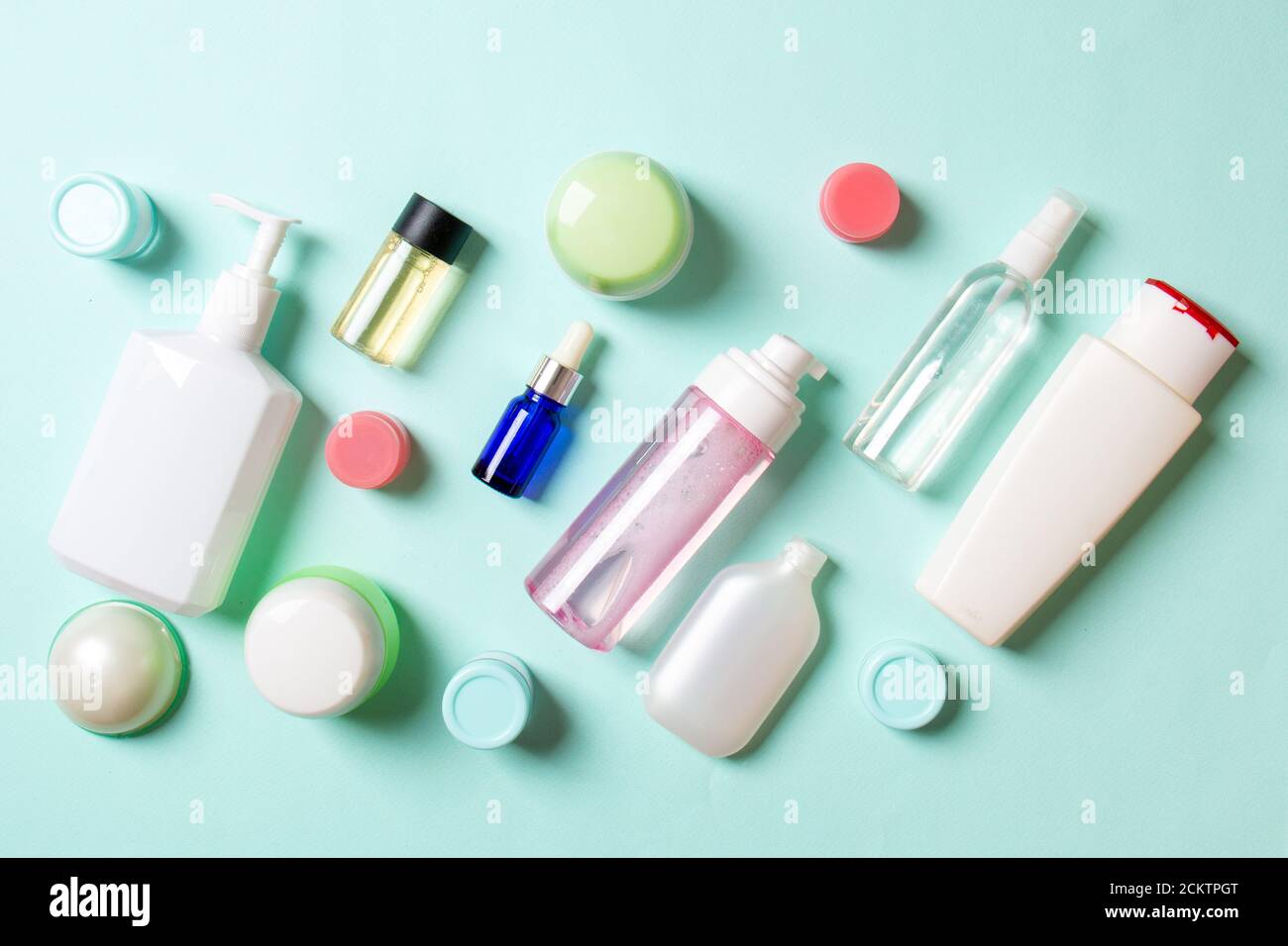 Group of plastic bodycare bottle Flat lay composition with cosmetic ...
