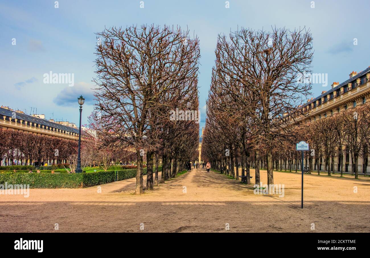 Paris, France, Feb 2020, view of `Allée Colette` in the Palais-Royal ...