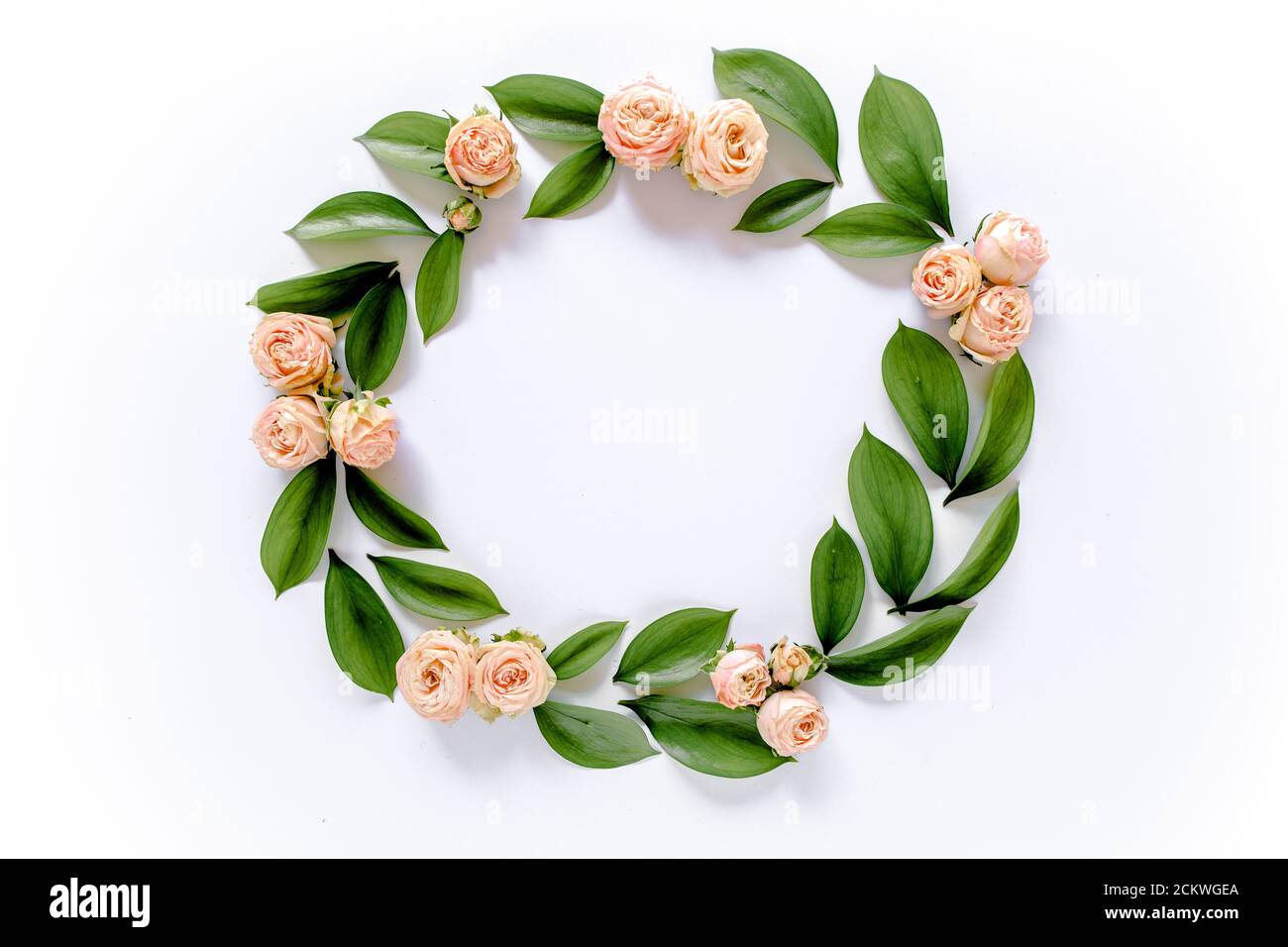 Round frame with pink flower buds, branches and leaves isolated on ...