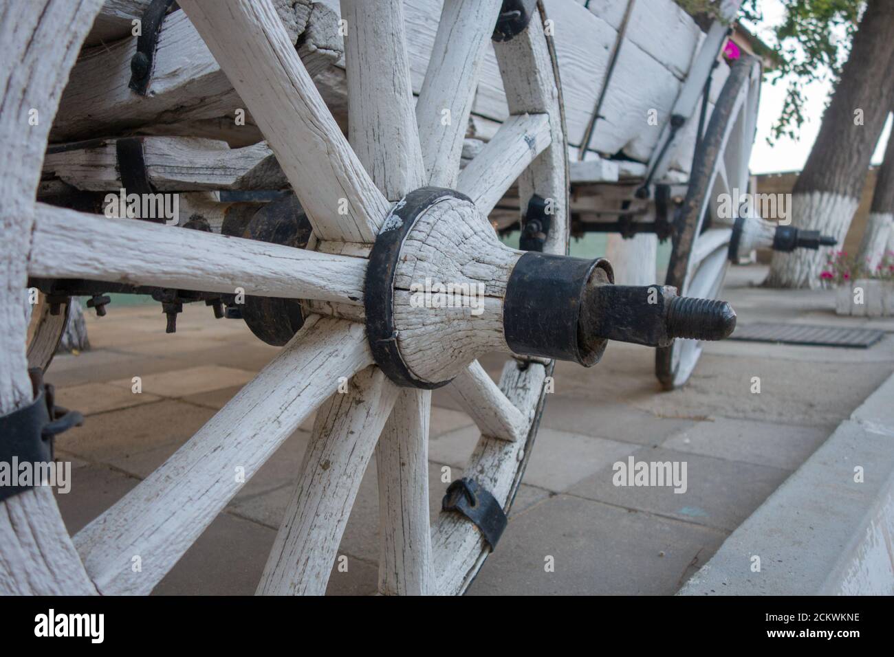 Antique gypsy cart white. Wheel close-up. Antique vehicle Stock Photo ...