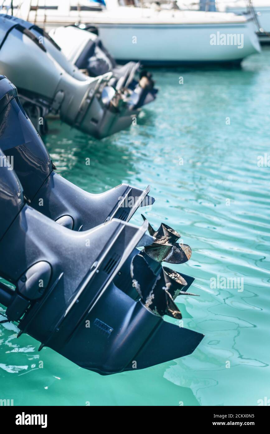 Closeup photo of yacht engine in sailboat harbor in the sea port Stock ...