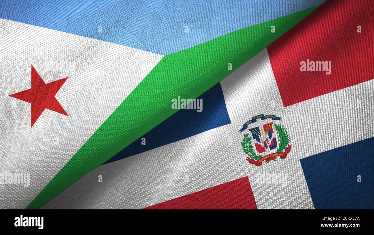 Djibouti and Dominican Republic two flags textile cloth, fabric texture ...