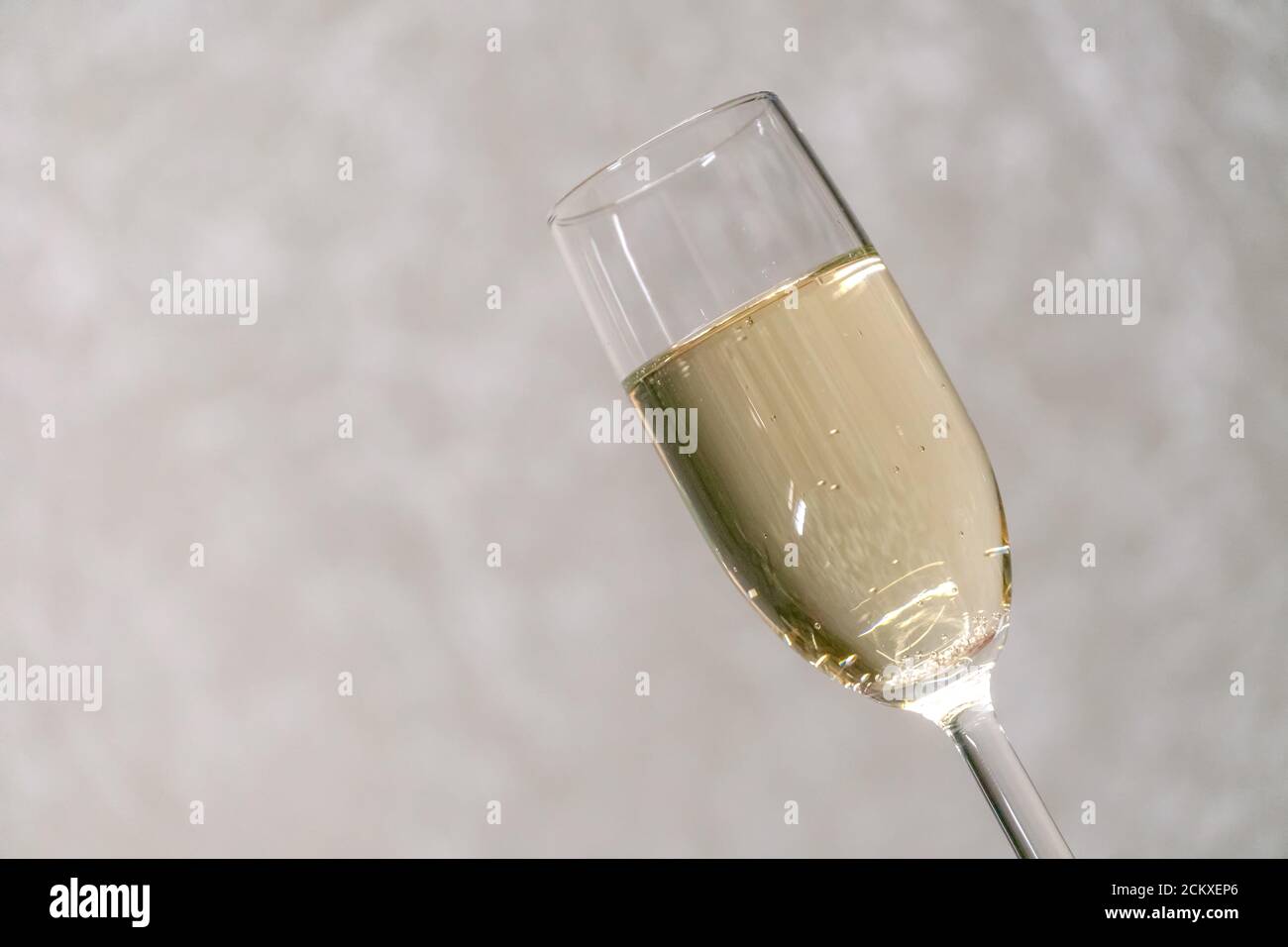 Champagne glass tilted close up on light background with copy space ...