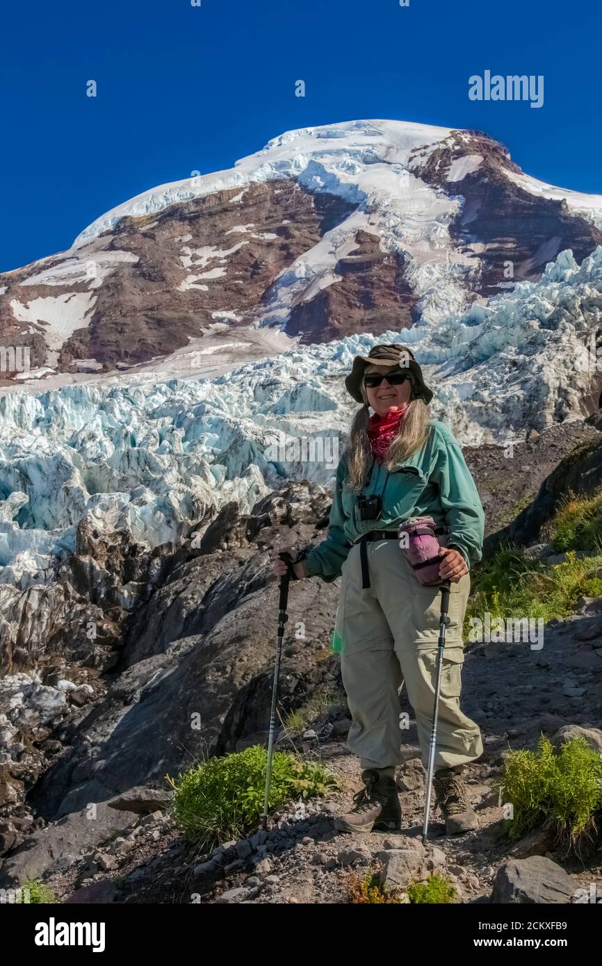 Karen Rentz and the jumbled ice of Coleman Glacier viewed from ...