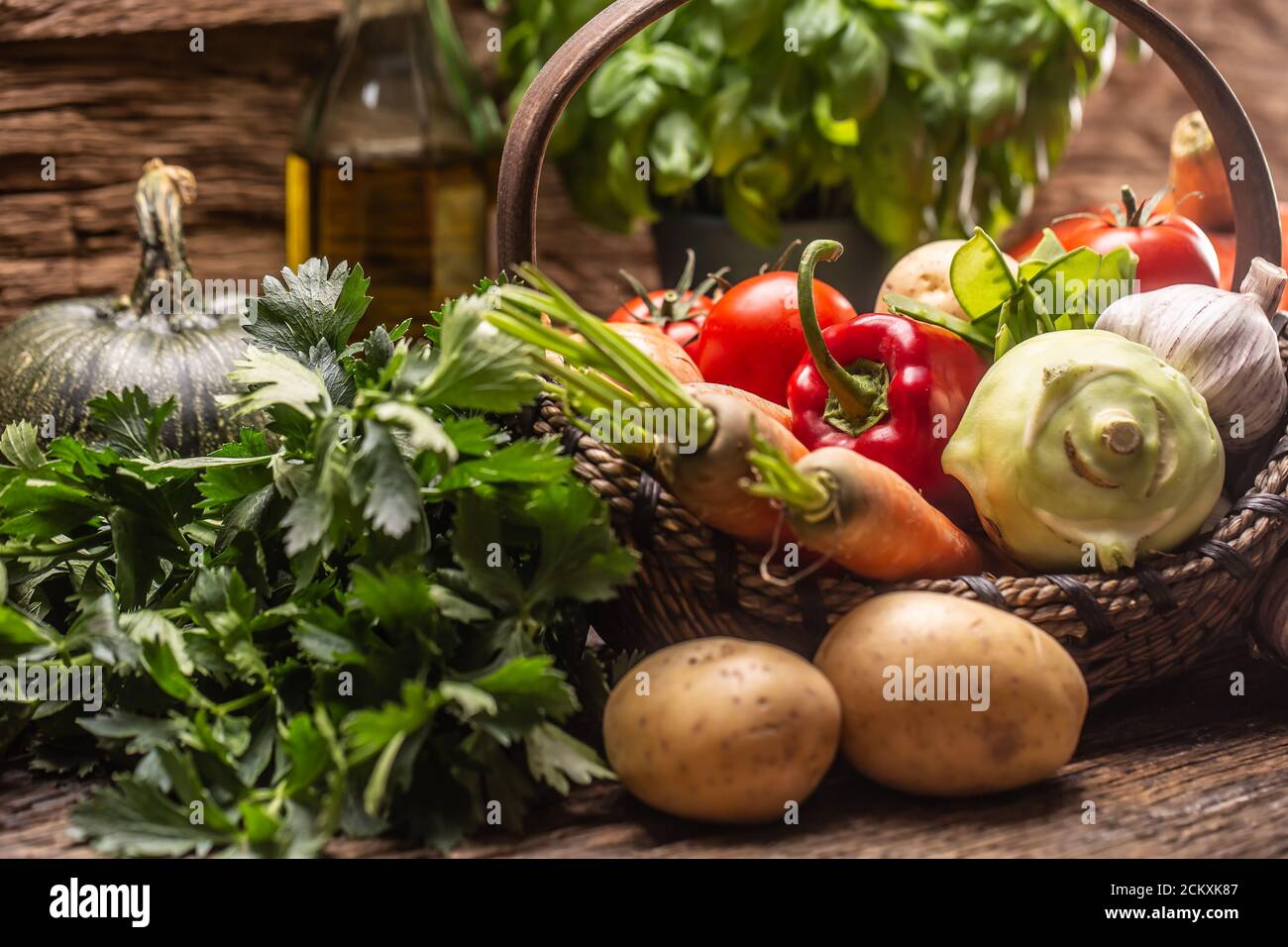 Selection of autumn fresh harvest of vegetables on a vintage wooden ...