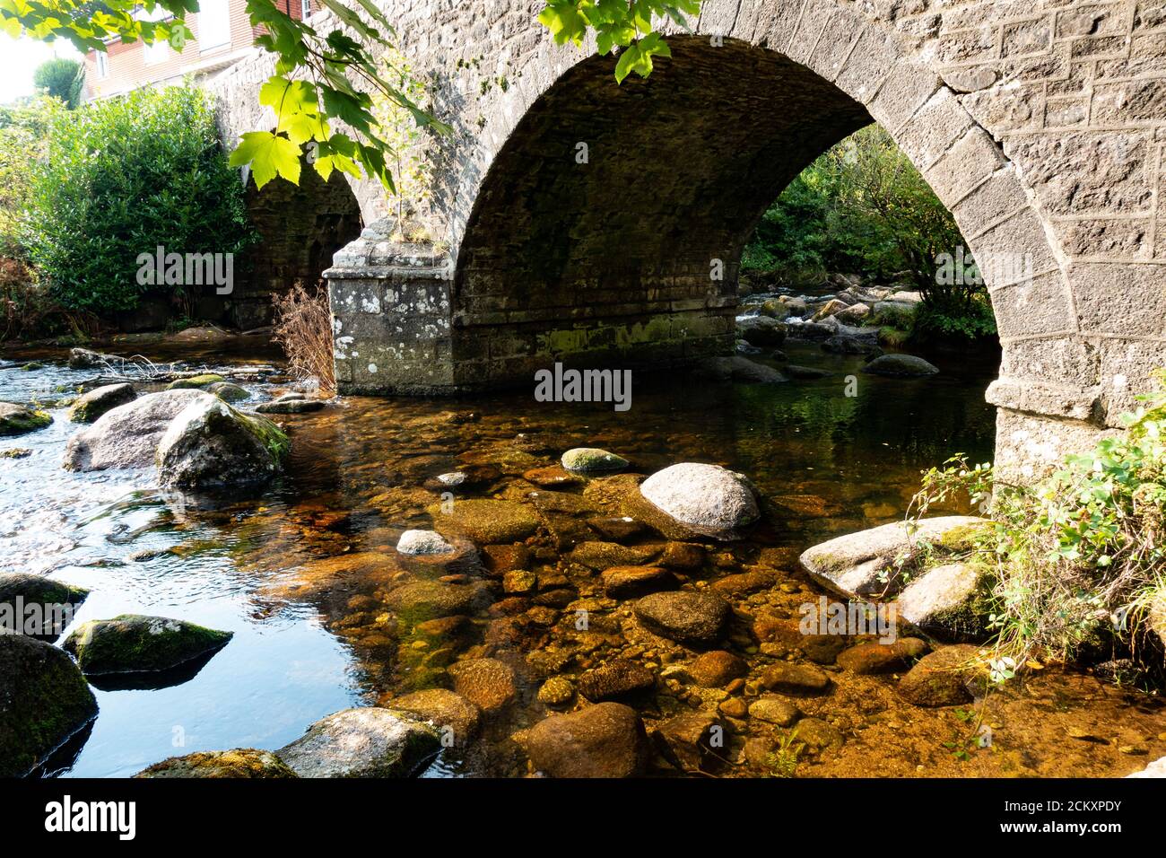 Bridge over the River Dart at Dartmeet, the joining of the tributaries ...