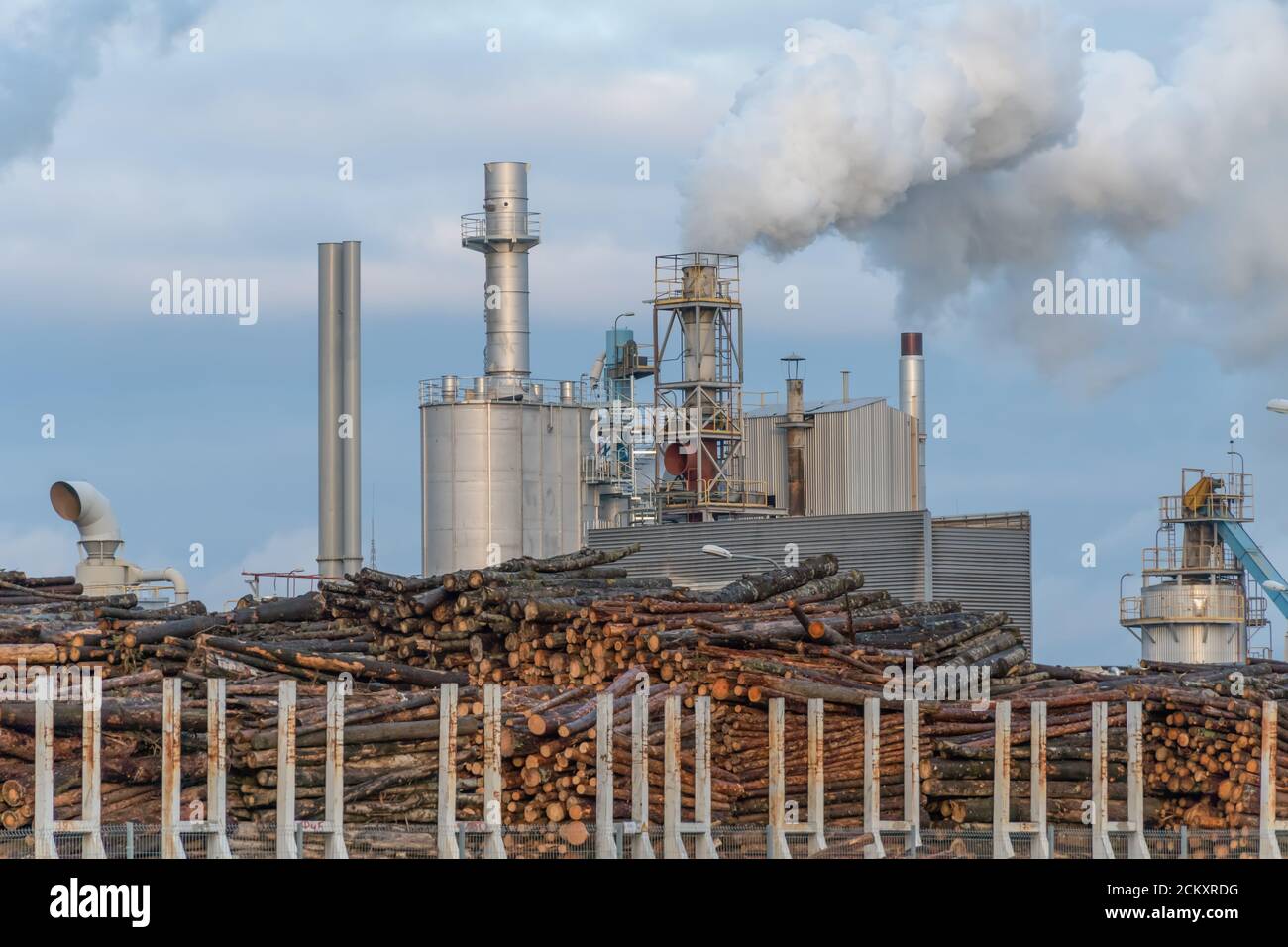 Woodworking plant, thick smoke from the pipes against the gray-blue sky ...