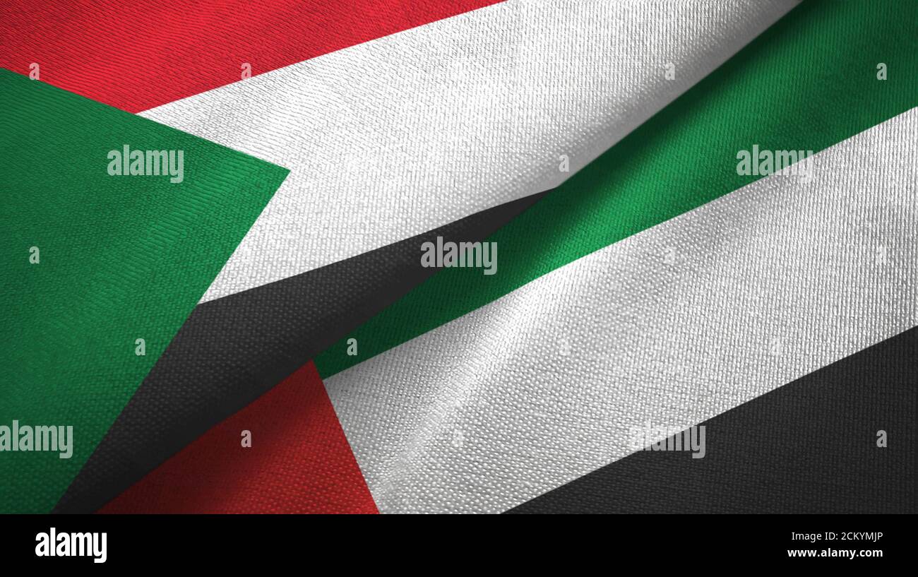 Sudan and United Arab Emirates two flags textile cloth, fabric texture ...
