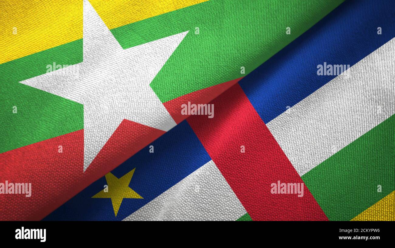Myanmar and Central African Republic two flags textile fabric texture ...