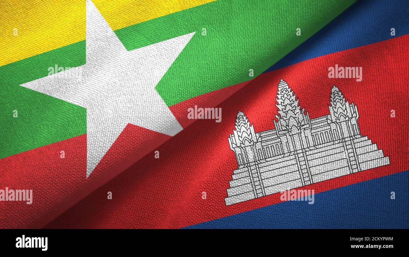 Myanmar and Cambodia two flags textile cloth, fabric texture Stock ...