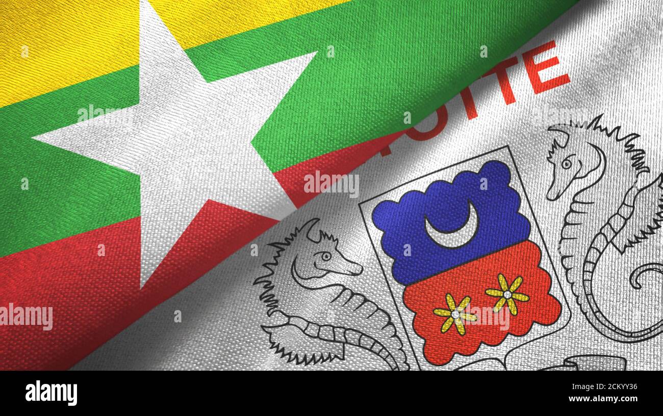 Myanmar and Mayotte two flags textile cloth, fabric texture Stock Photo ...