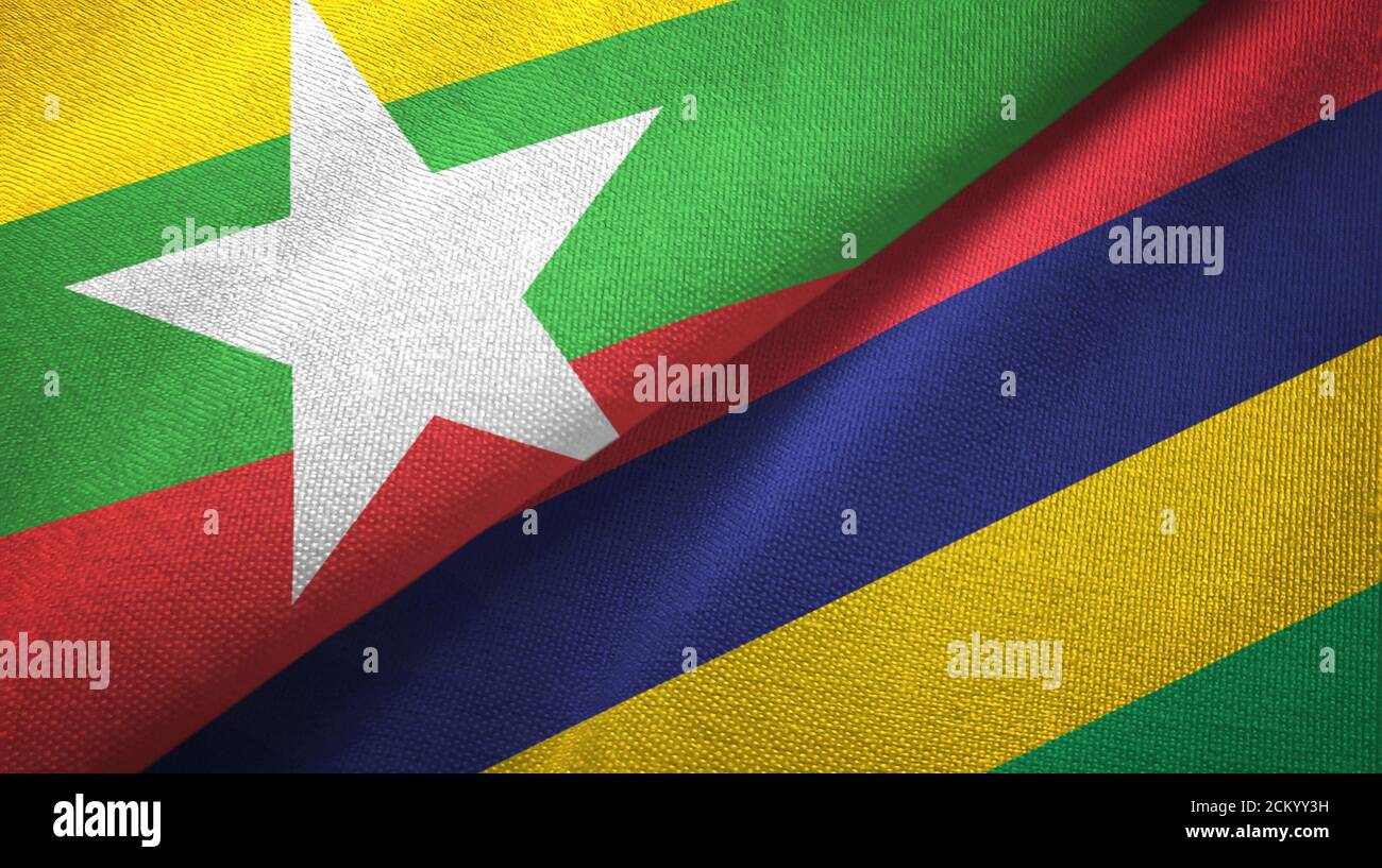 Myanmar and Mauritius two flags textile cloth, fabric texture Stock ...