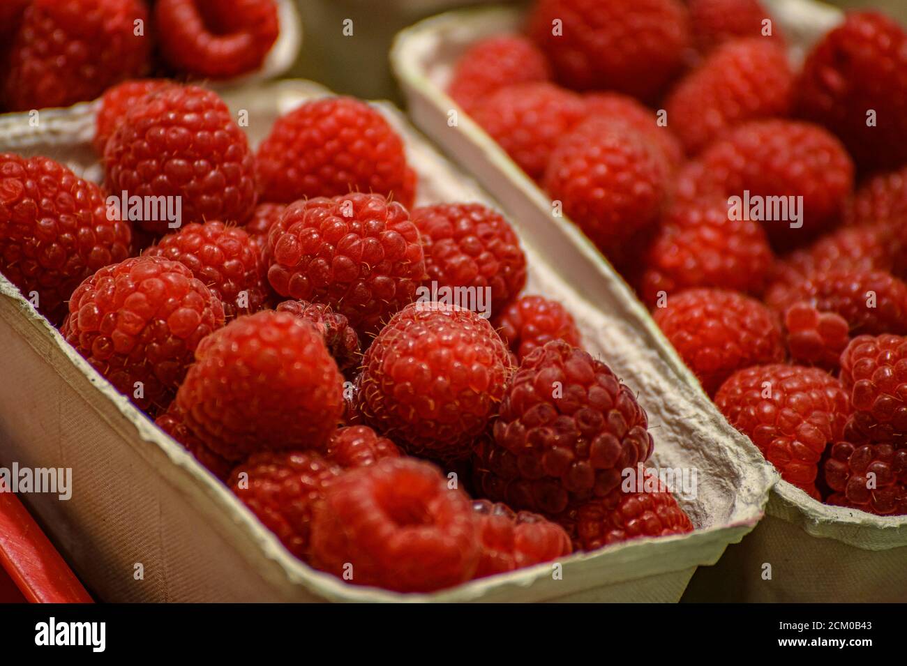 Close-up of fresh red ripe raspberry berries in organic container boxes ...