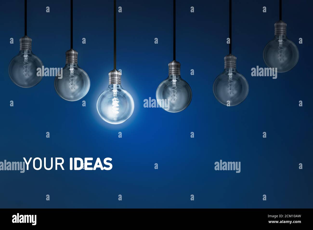 Your Ideas , creativity innovation illuminated light bulb row dim ones ...