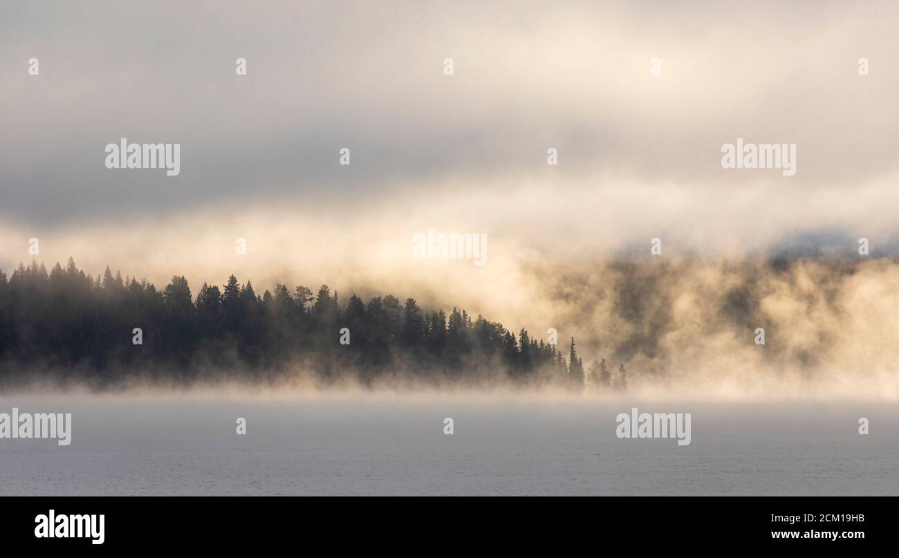 Thick mist floating over calm lake water during sunrise in morning in ...