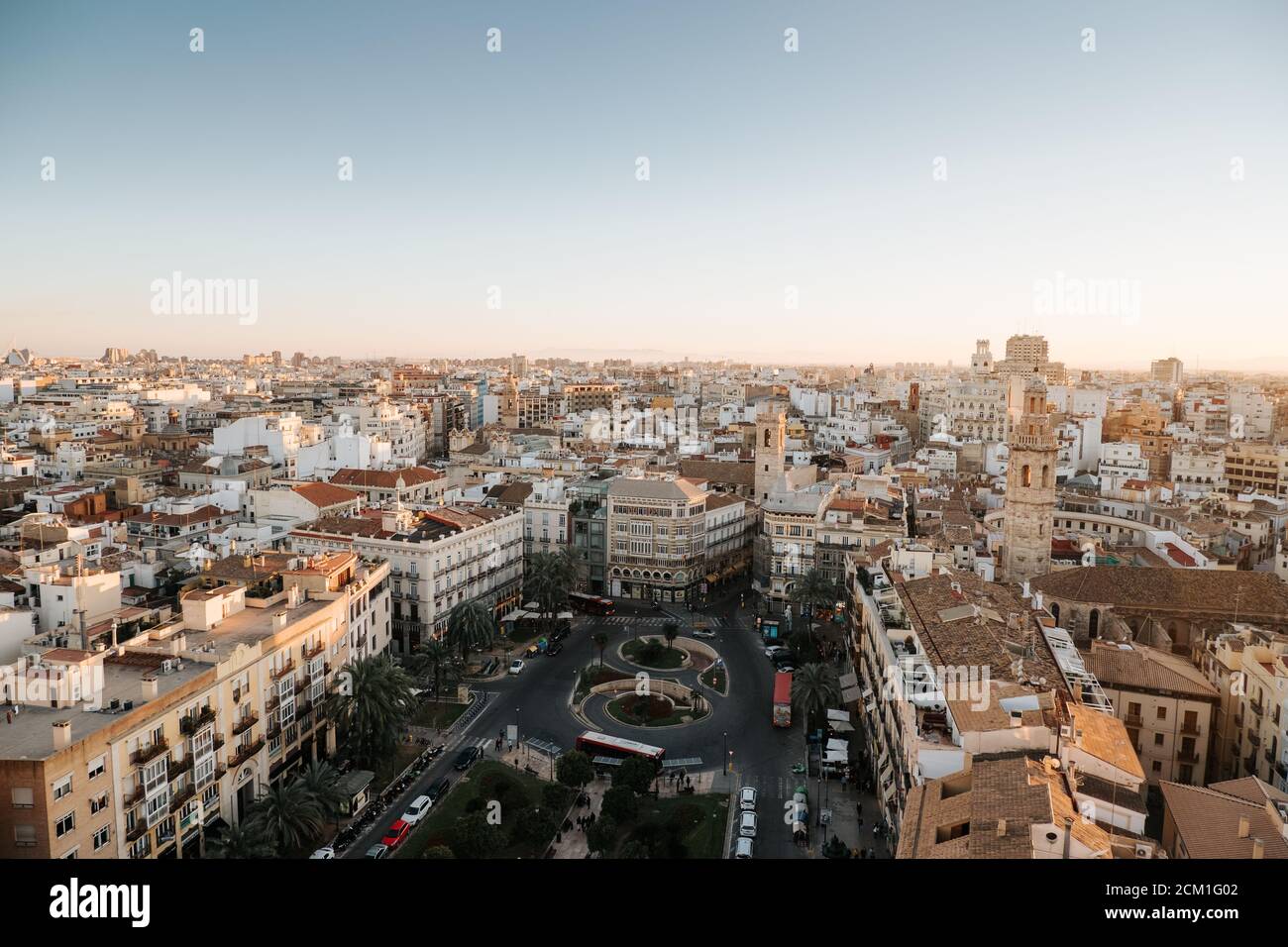 Valencia's skyline and Plaza de la Reina seen from above at sunset ...
