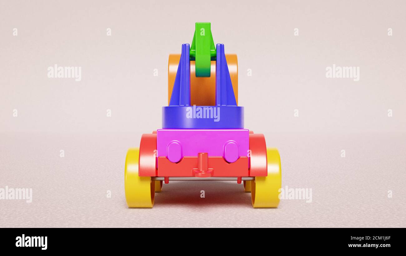 Multicolored plastic toy truck on white background. 3D illustration ...