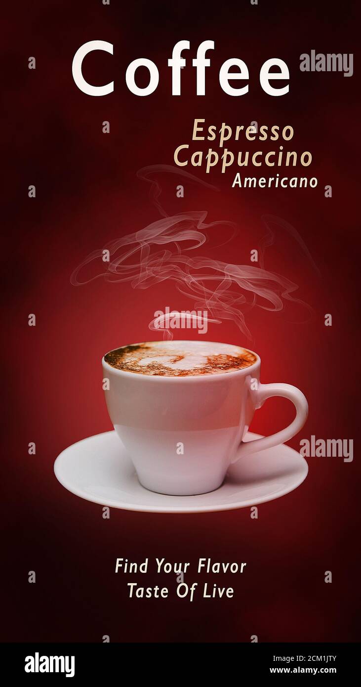 Vertical poster with a cup of hot coffee on a red background Stock ...