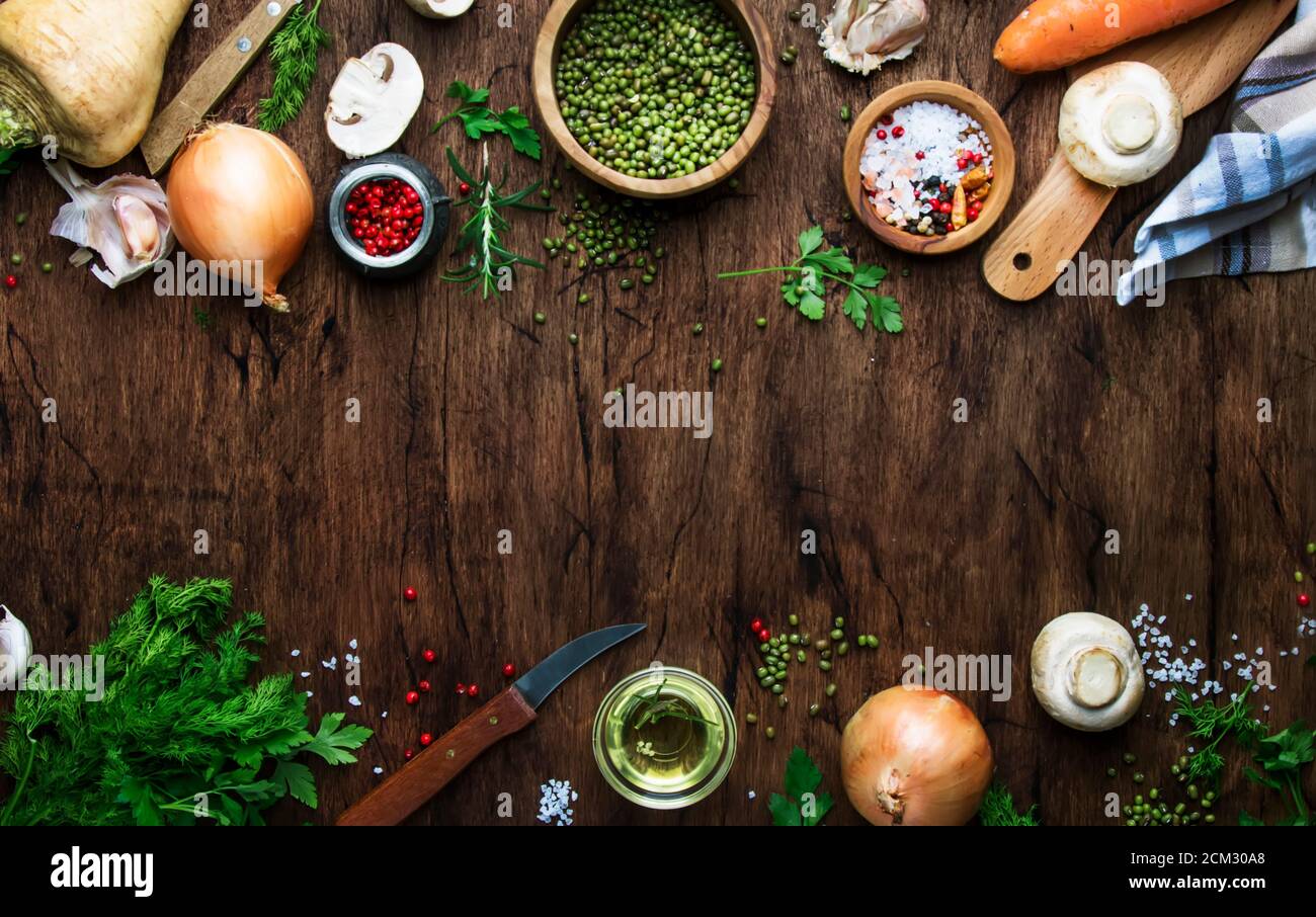 Food cooking background. Ingredients for prepare green lentils with ...