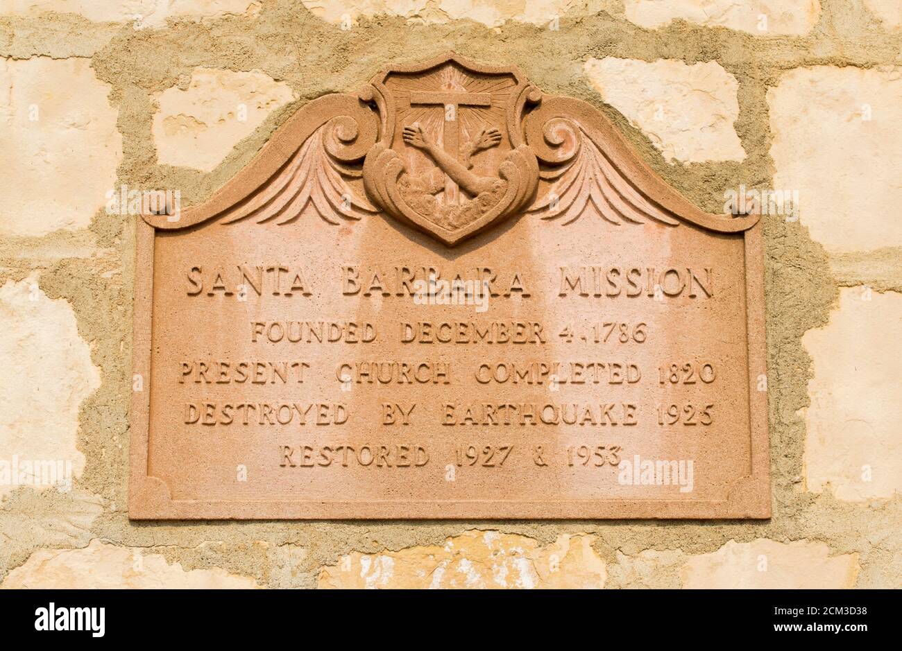 historic plaque on the sandstone exterior wall of the Santa Barbara ...
