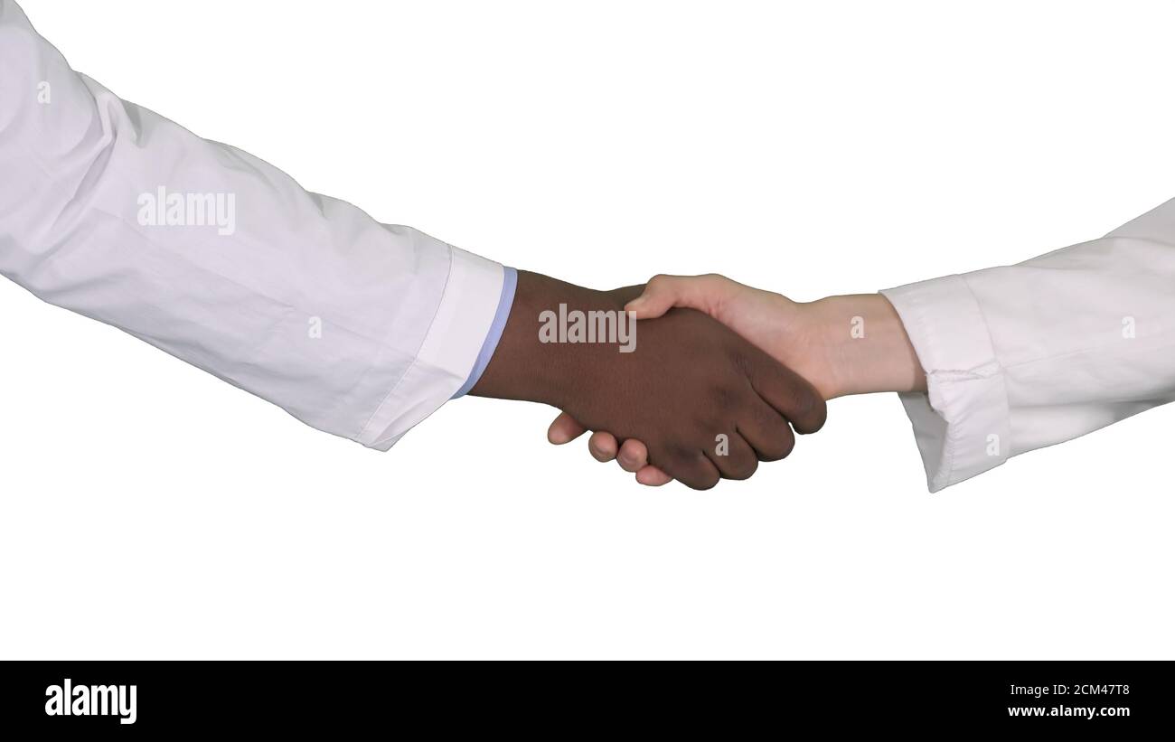 Medical handshake on white background Stock Photo - Alamy